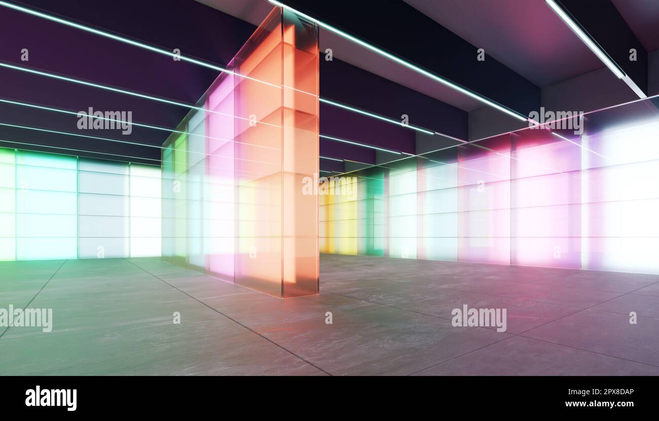 Beautiful translucent colorful glass wall interior design space. 3D ...