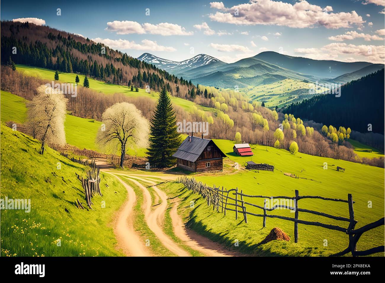 beautiful countryside of romania. sunny afternoon. wonderful springtime landscape in mountains ...