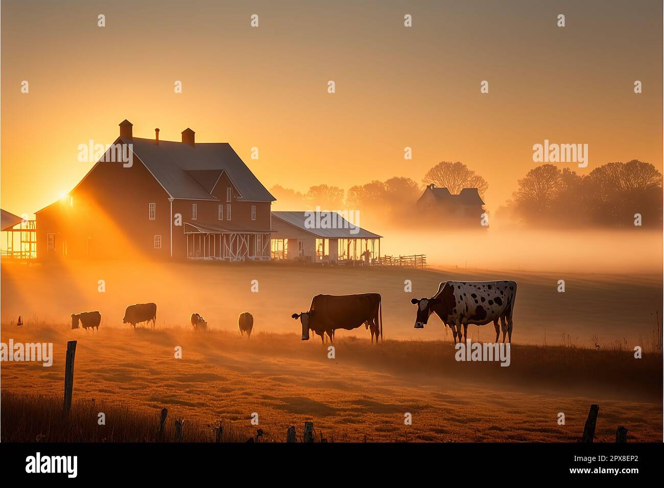 Early morning view of a Virginia farm at sunrise. Beautiful soft glow ...