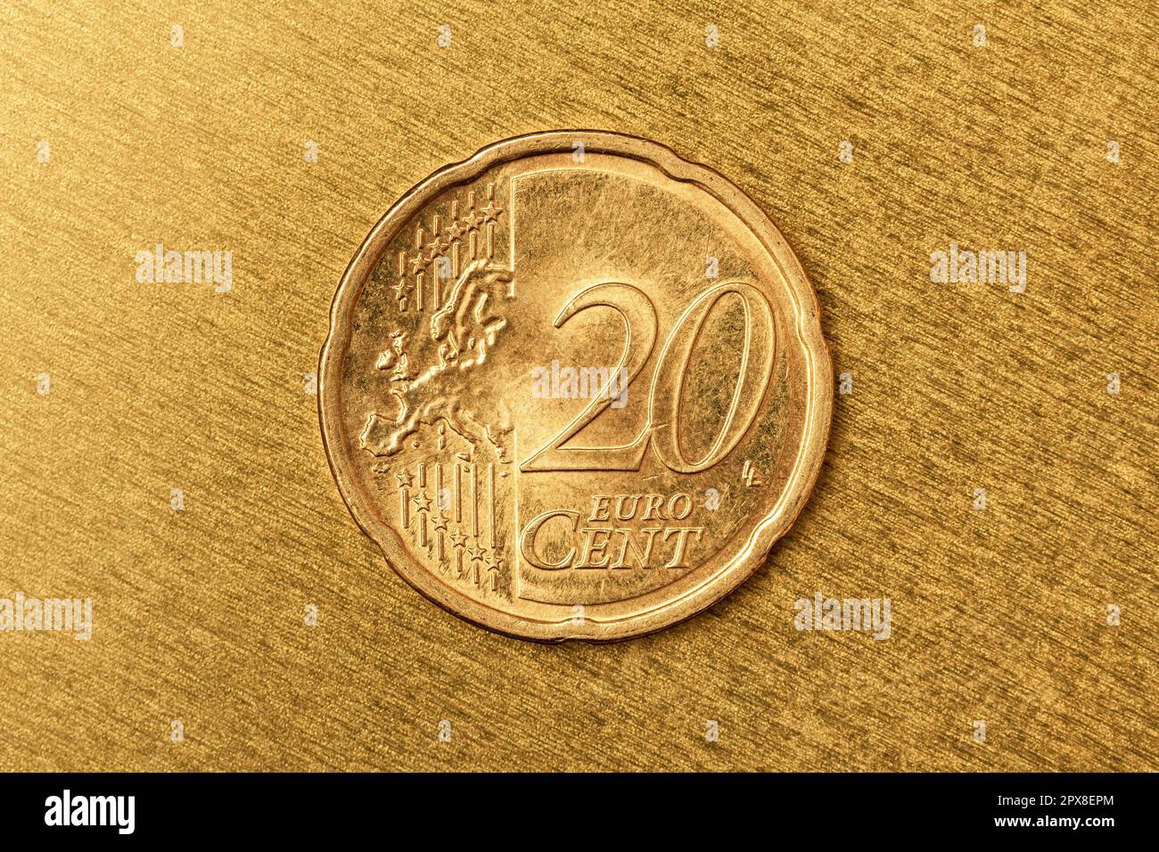 Close up shot of twenty euro cent with map of Europe on the coin face ...