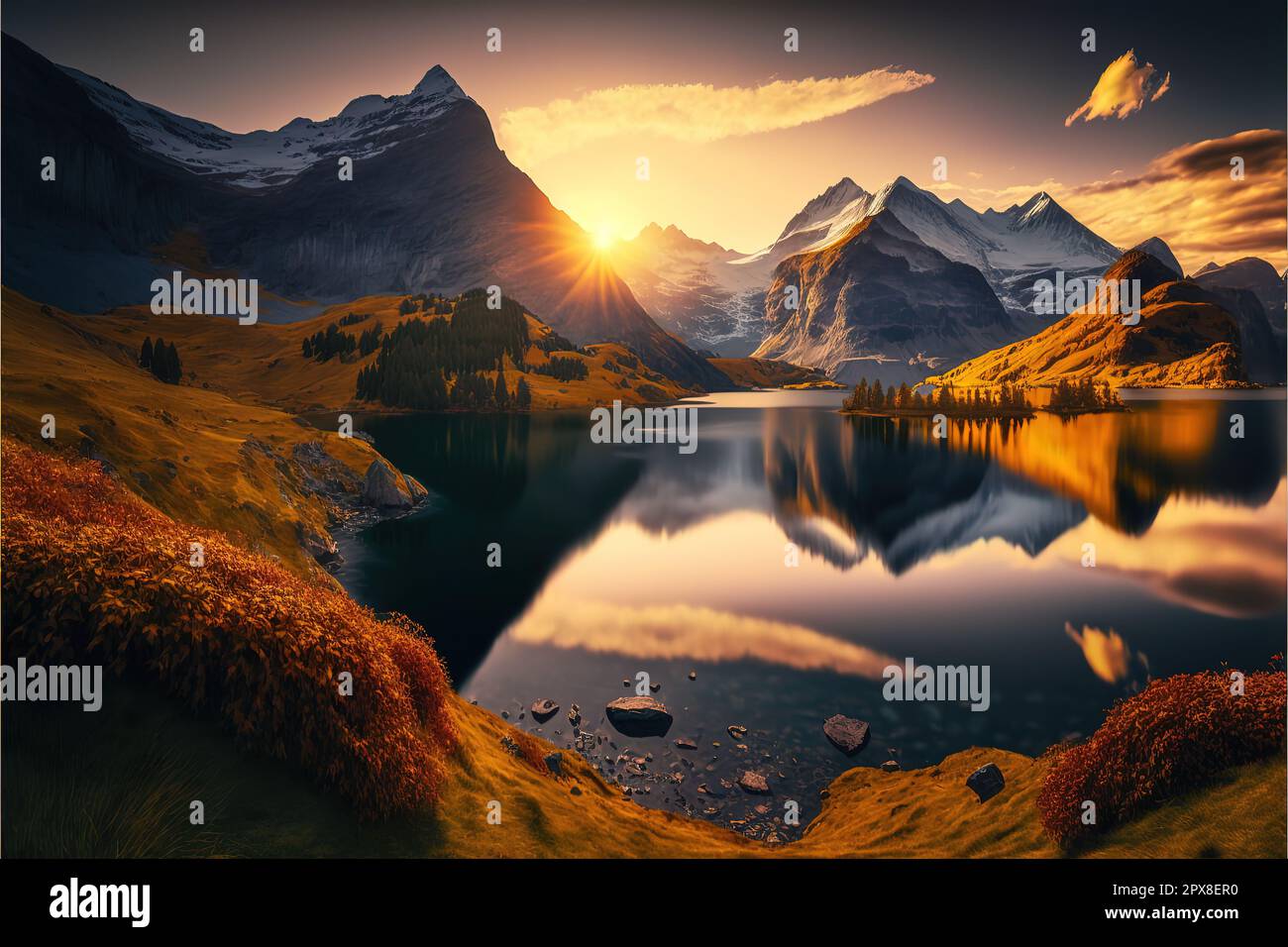 Fantastic evening panorama of Bachalp lake / Bachalpsee, Switzerland ...