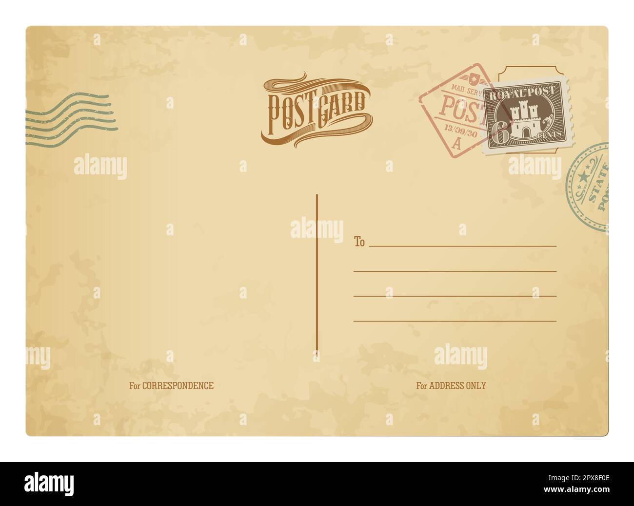 Postcard with vintage stamps, retro post card or postal, vector antique paper. Vintage postcard ...