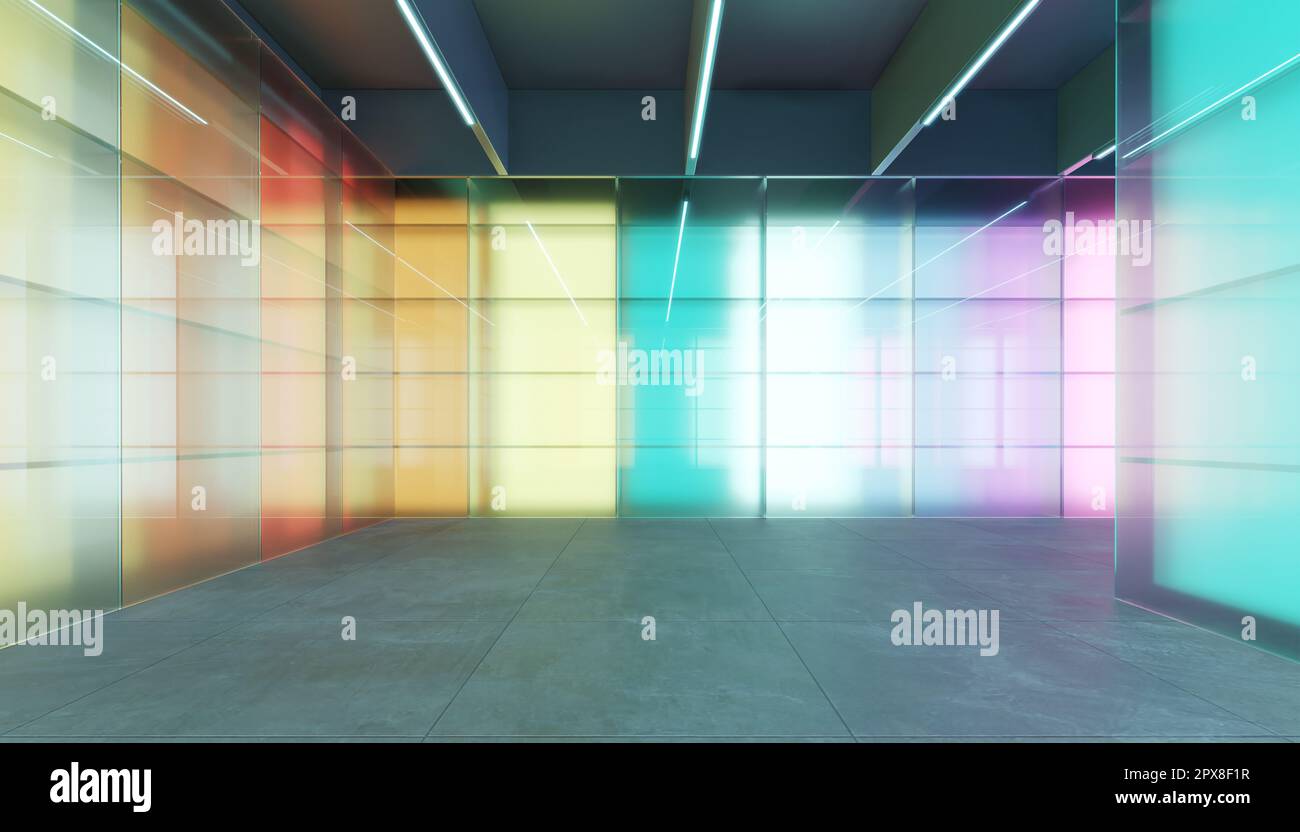 Beautiful translucent colorful glass wall interior design space. 3D ...