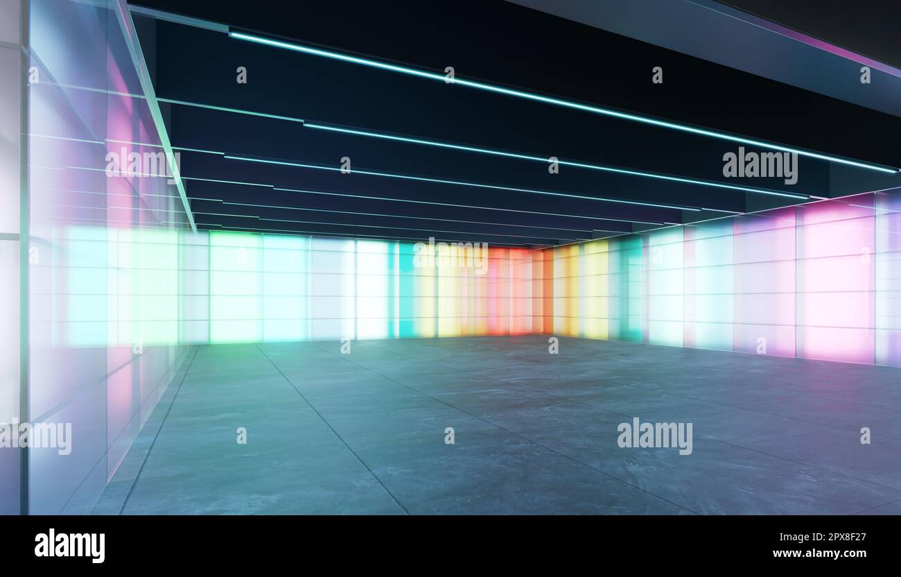 Beautiful translucent colorful glass wall interior design space. 3D ...