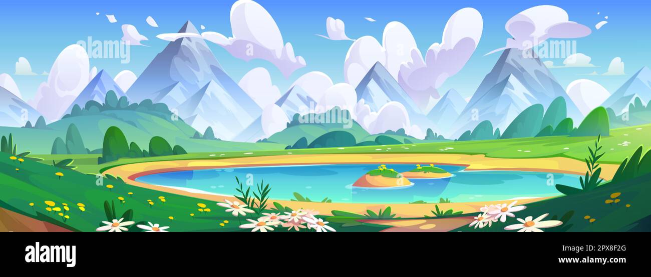 Lake and spring flower field mountain vector landscape. Cartoon nature ...