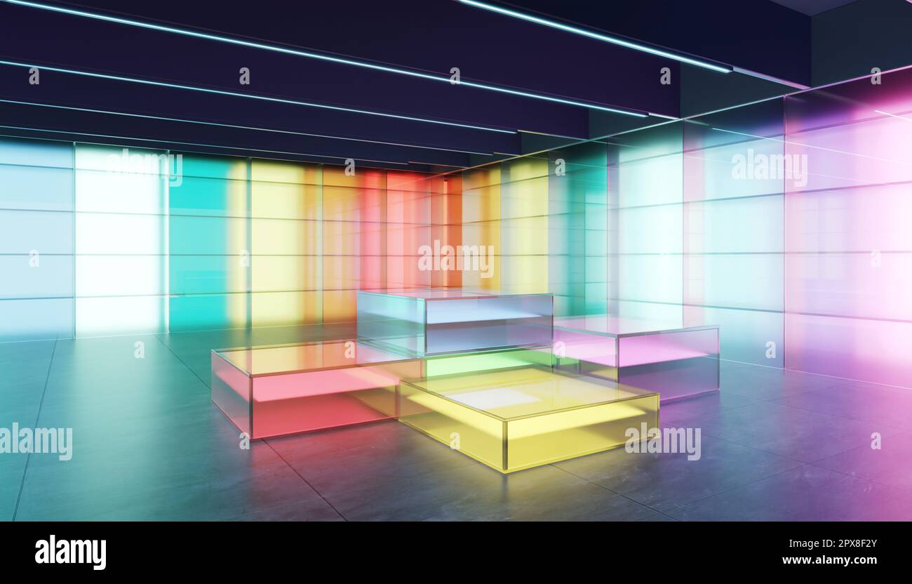 Multiple purpose room space with colored gradient transparent glass ...