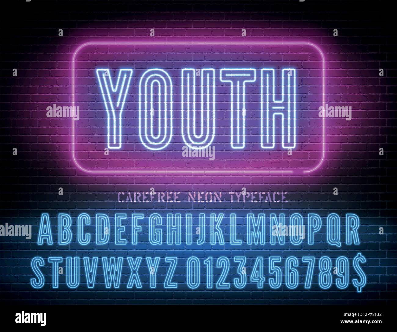 Narrow blue neon font with numbers on dark brick wall background ...