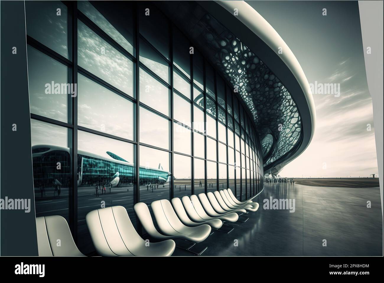 modern airport terminal with black leather seats and a huge viewing ...