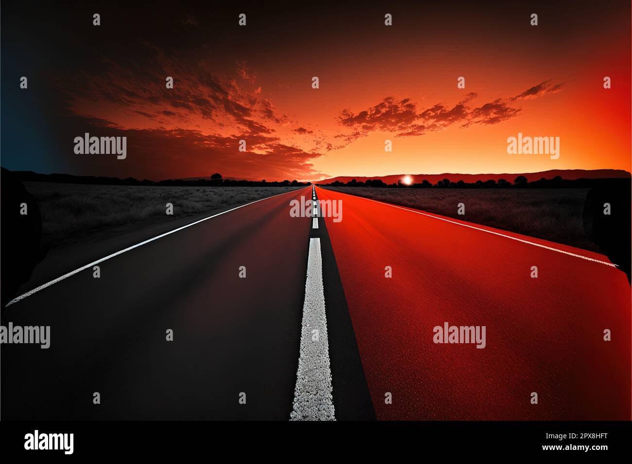 Red July sunset over an asphalt road with a white dividing strip Stock ...