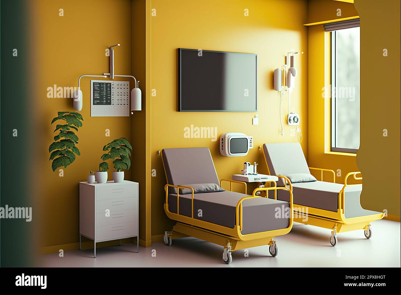 Side view of a hospital ward with yellow walls, two beds, two monitors ...