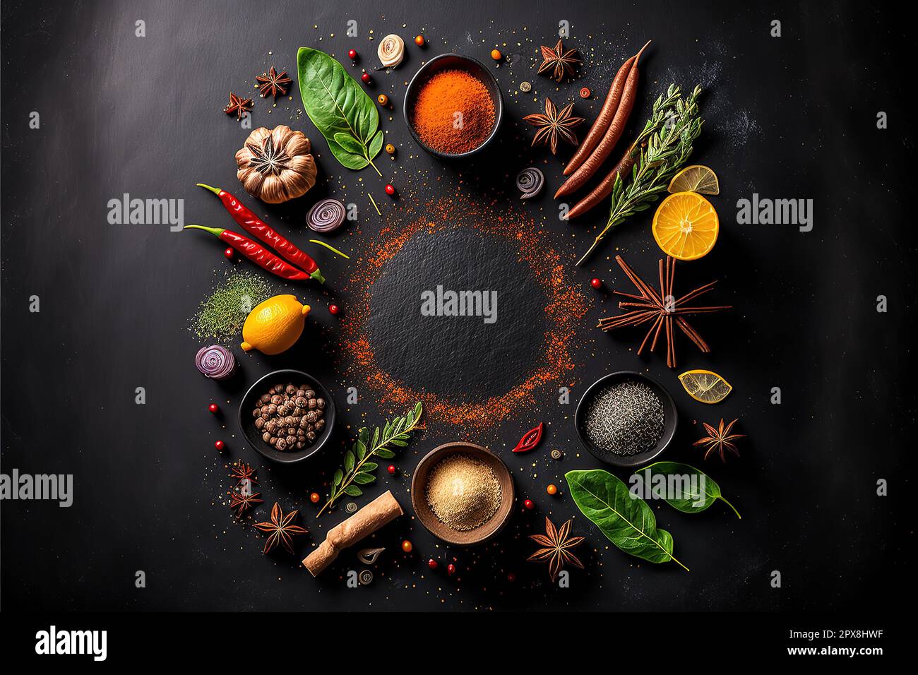 Cooking nd seasoning spices border on black slate background stock ...