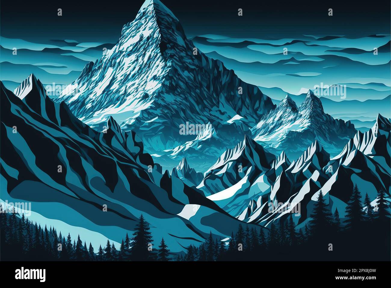 Seamless vector blue beautiful mountains with forest panorama pattern ...