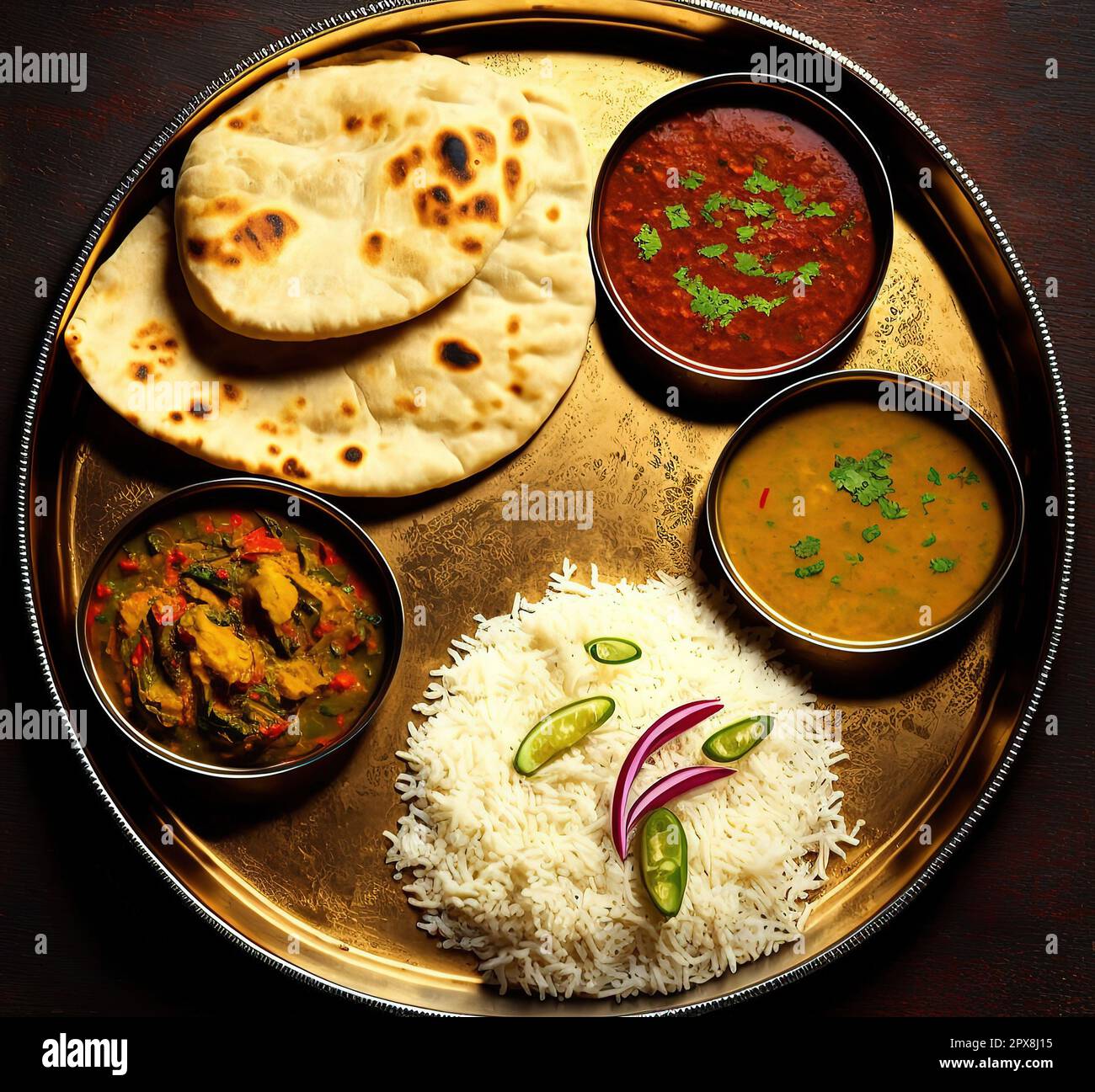 Traditional Indian food Thali served in plate. Top view. stock photo Thallus, Food, Culture of ...