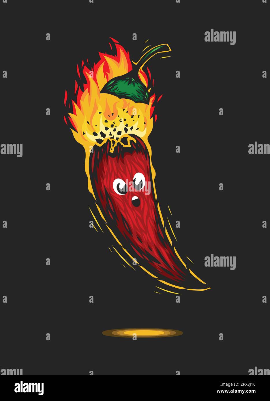 Red chili pepper character with fire explosion. Burning spicy mexican ...