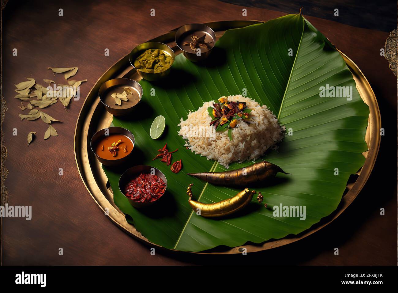 Traditional Onam sadya served in banana leaf Stock Photo - Alamy