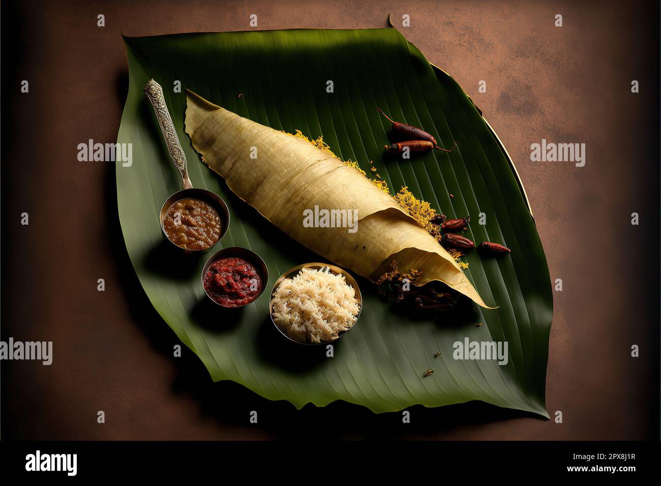 Traditional Onam sadya served in banana leaf Stock Photo - Alamy