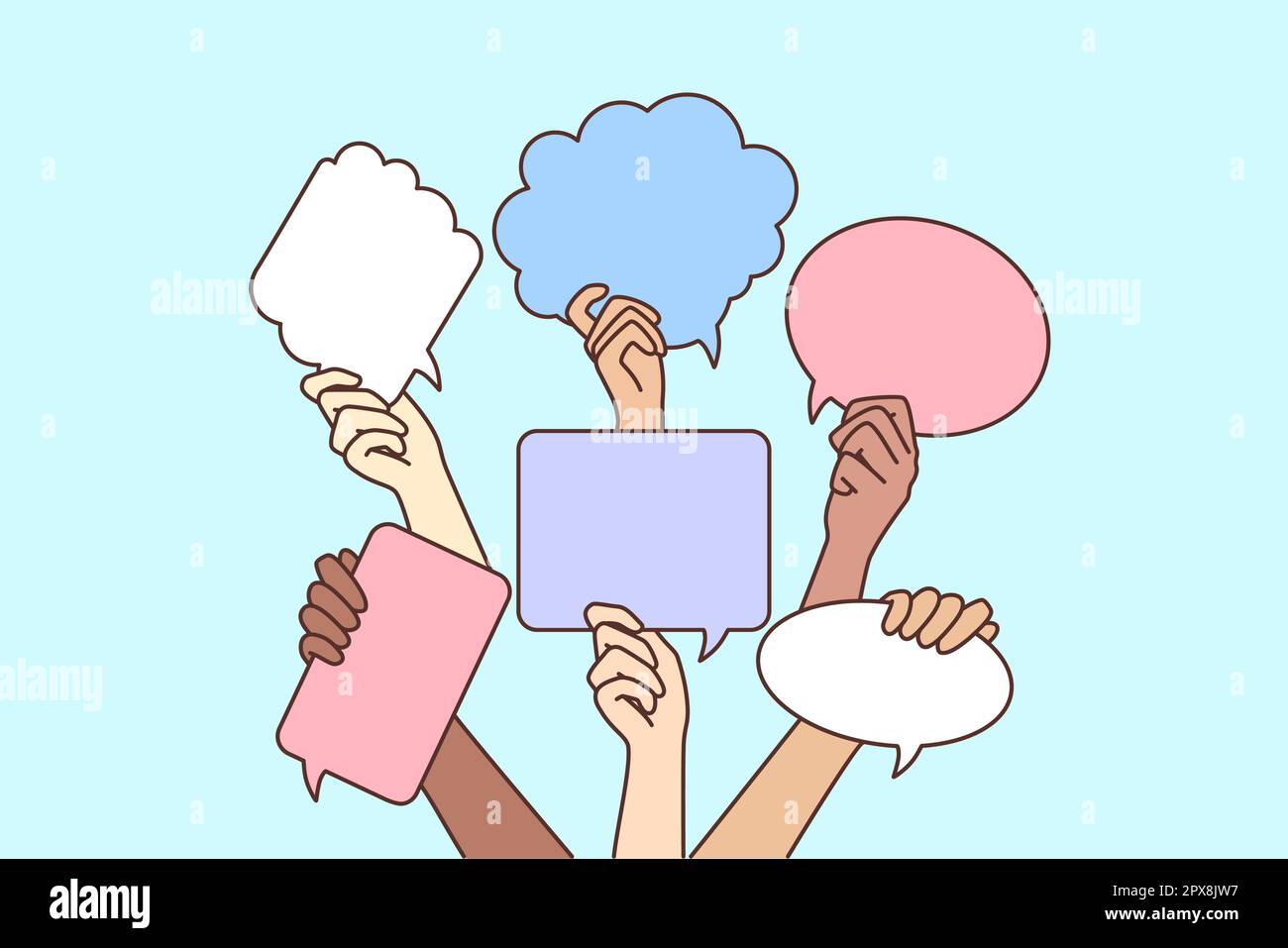 Diverse people hands holding speech bubbles expressing feedback or ...