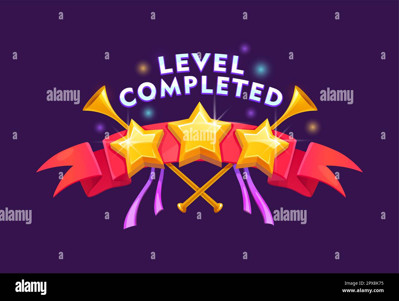 Game level complete badge or icon with golden stars, red banner and trumpets. Isolated ui or gui ...