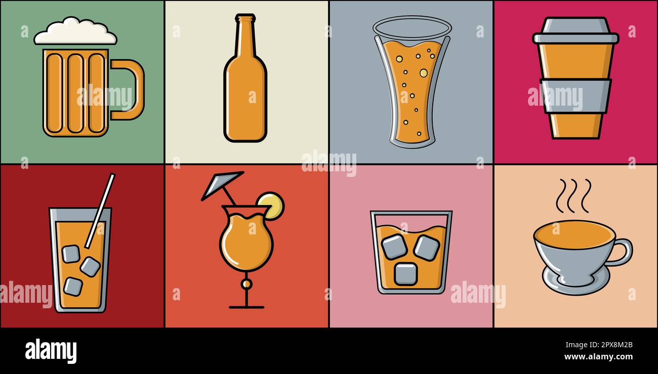 Set of icon items from drinks glasses cups with alcoholic and non ...