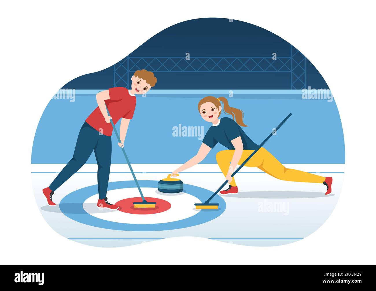 Curling Sport Illustration with Team Playing Game of Rocks and Broom in ...