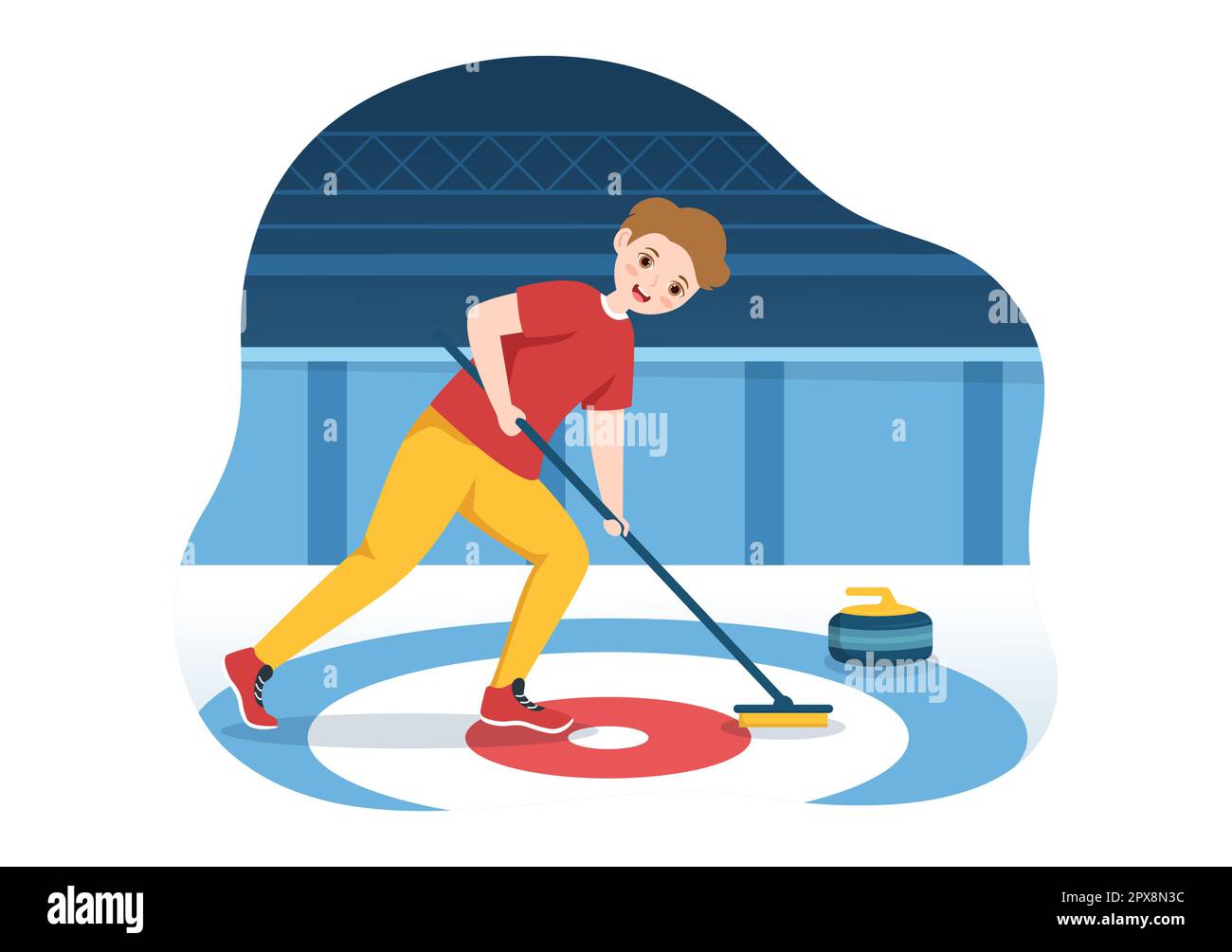 Curling Sport Illustration with Team Playing Game of Rocks and Broom in ...