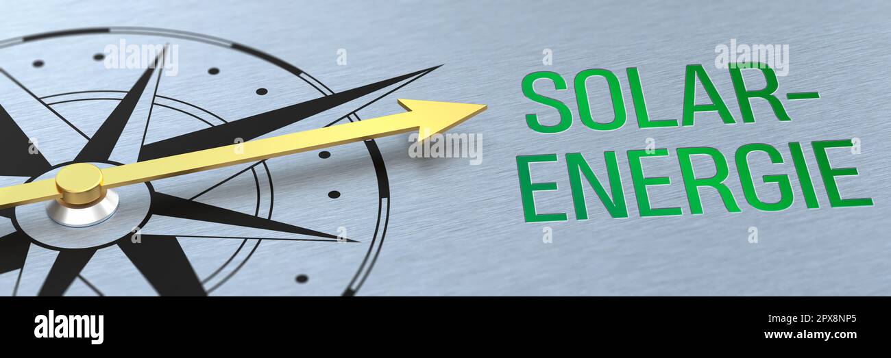 Compass needle pointing to the words Solar Energy in german ...