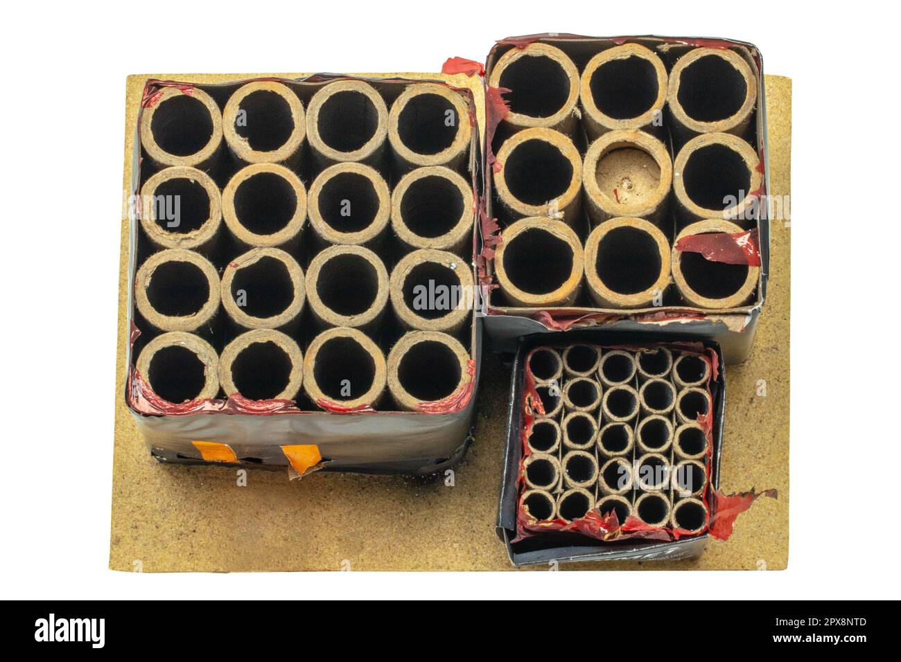 New Year's Eve waste or rubbish. Close-up of a used firework battery ...