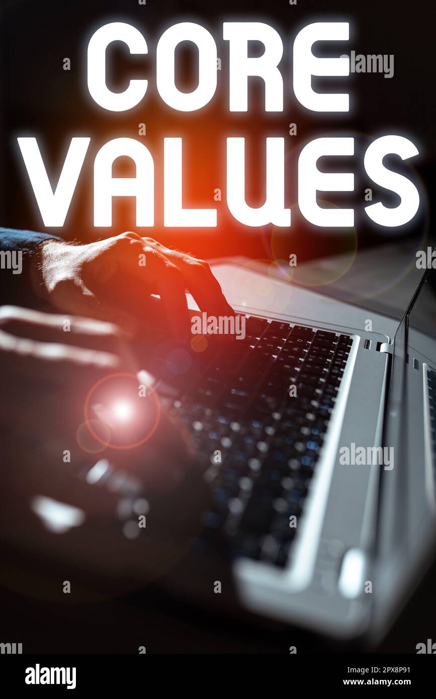 Text caption presenting Core Values, Word Written on belief person or ...