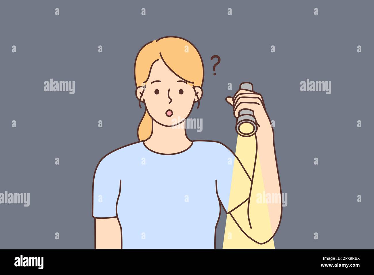 Confused young woman with light in darkness. Frustrated female hold ...