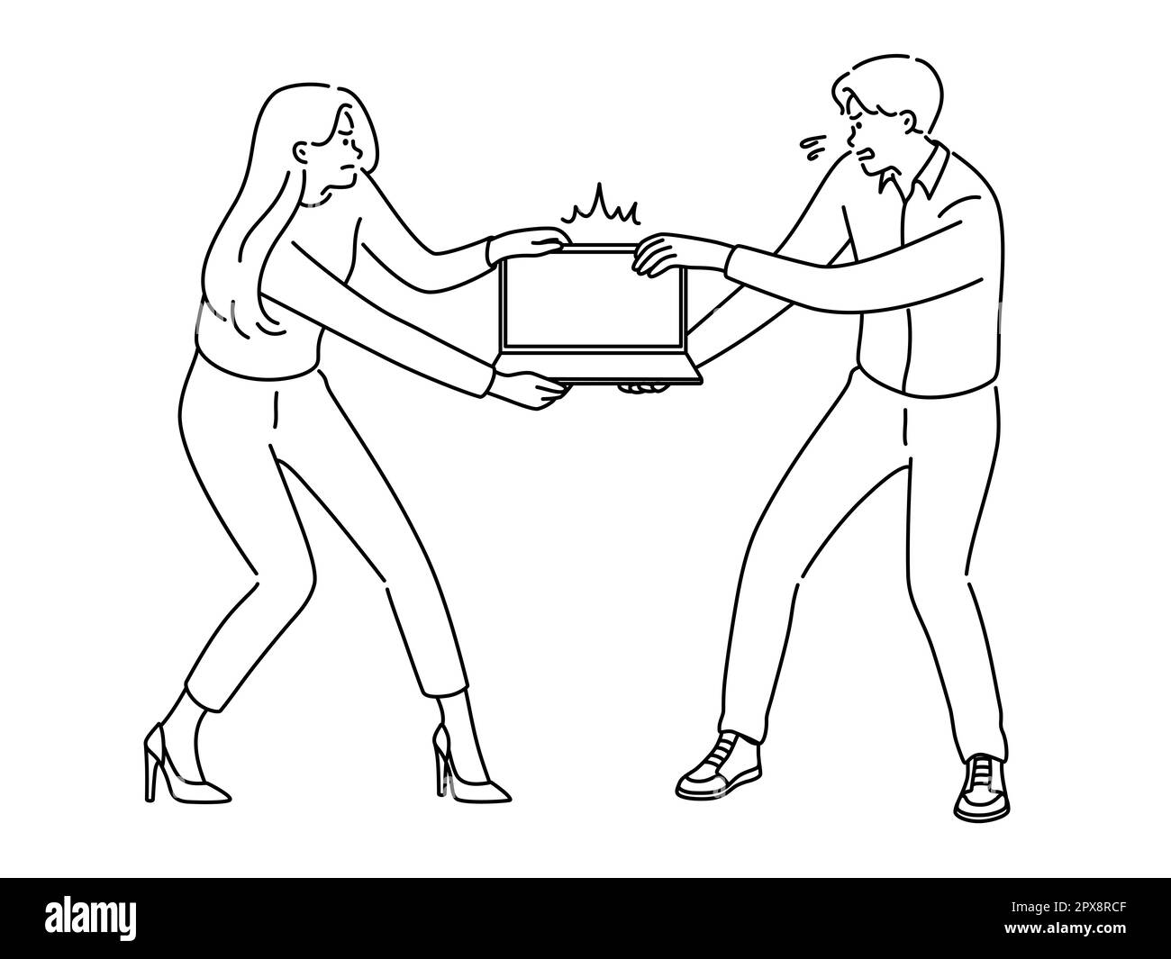 Angry businesspeople fighting for laptop at workplace. Stressed mad ...