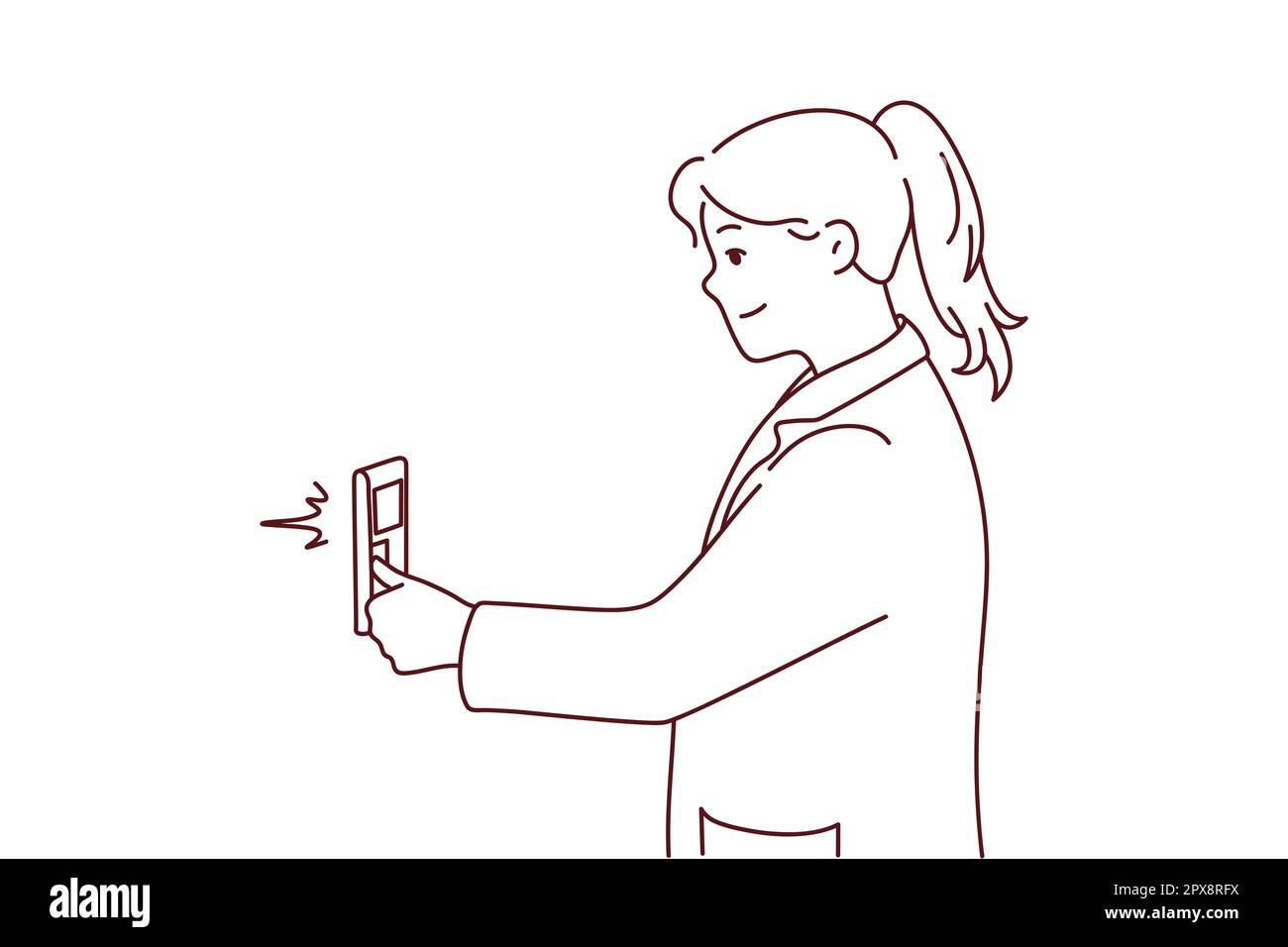 Young woman in white uniform switch controller near door. Smiling ...