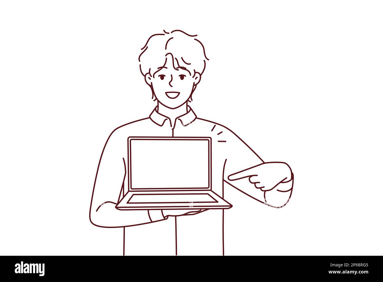 Smiling young man point at modern laptop with mockup screen. Happy male ...