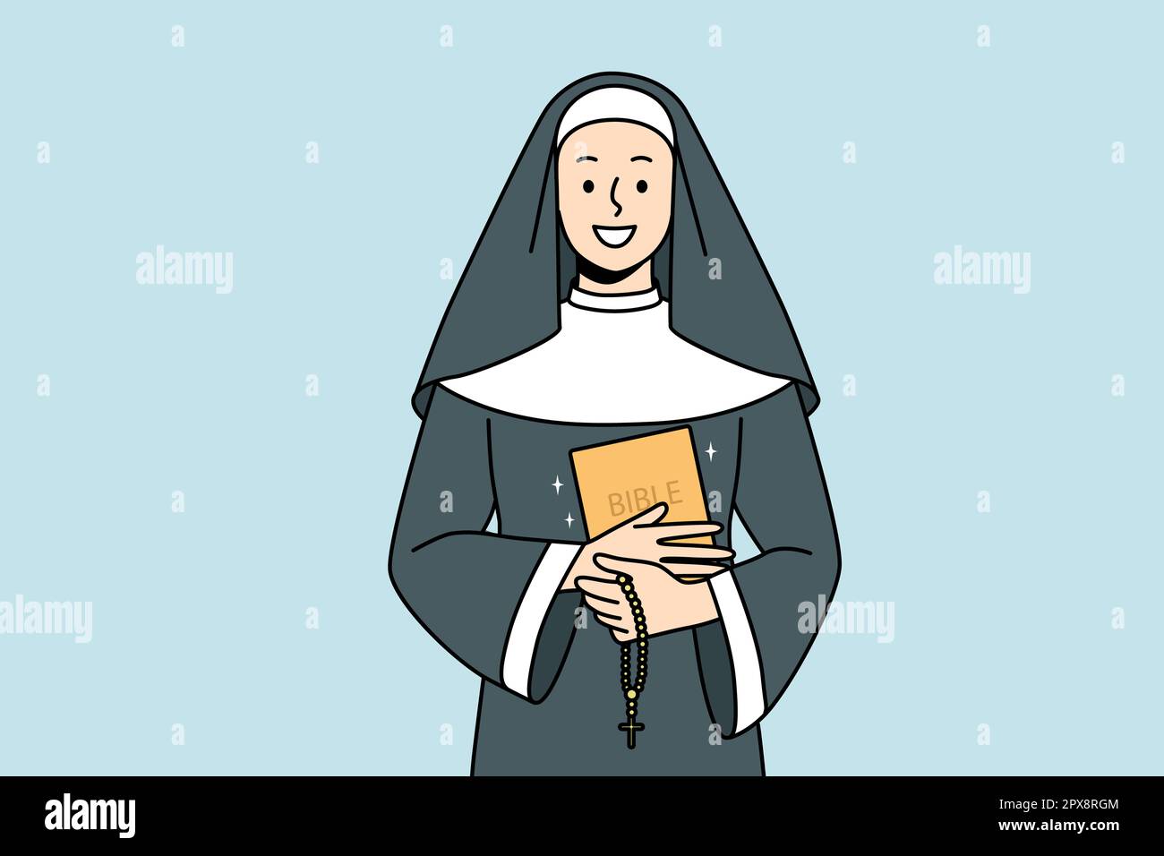 Smiling nun in traditional robe holding bible and rosary in hands ...