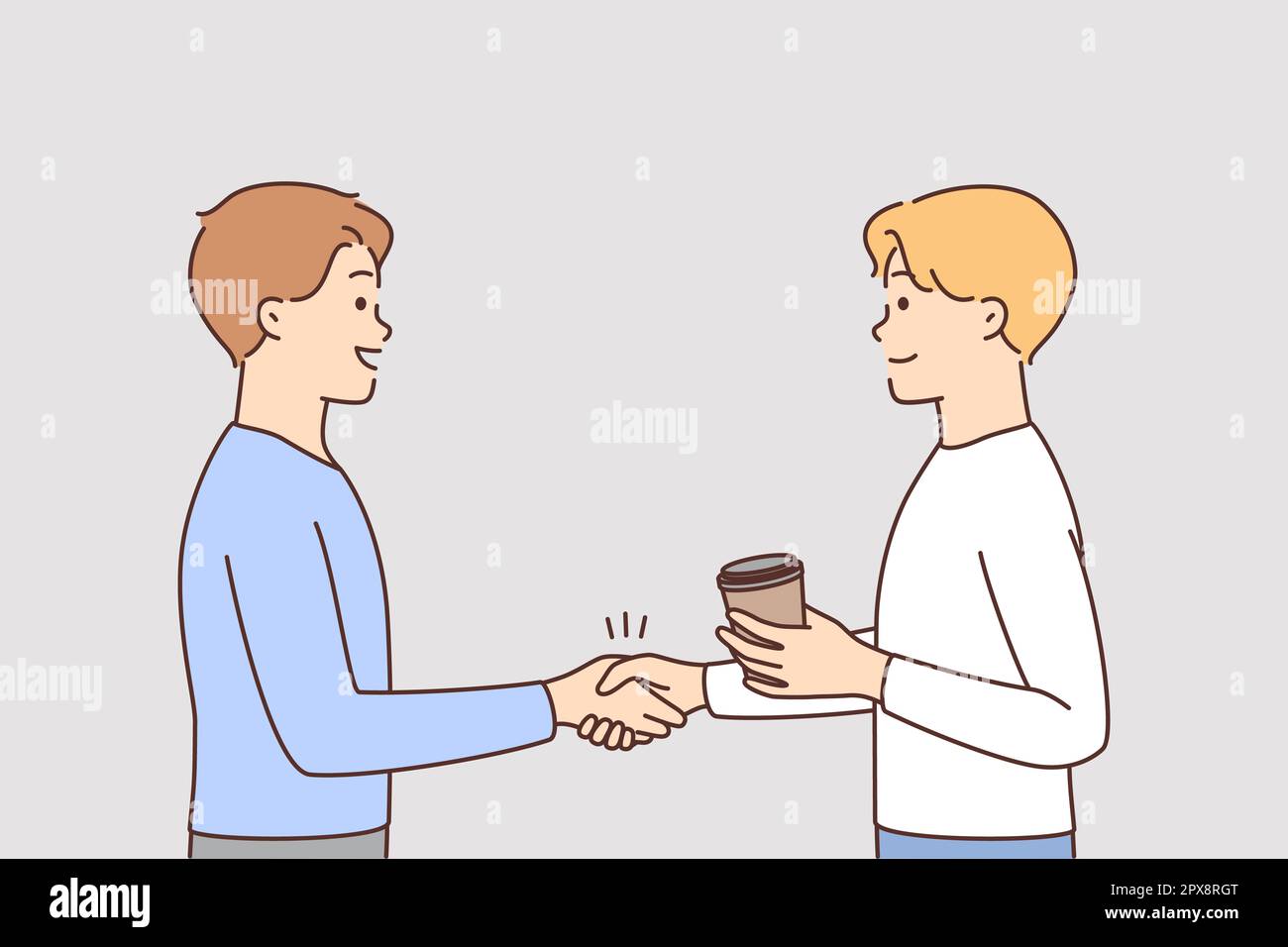 Smiling guys shake hands get acquainted outdoors. Happy men handshake ...