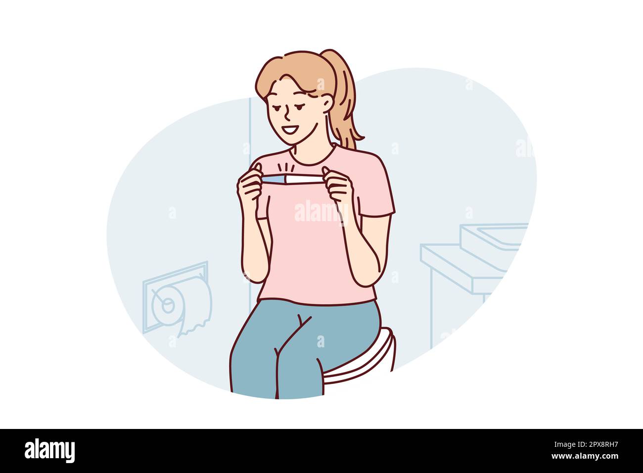 Positive woman happily looking at pregnancy test result. Casual girl ...