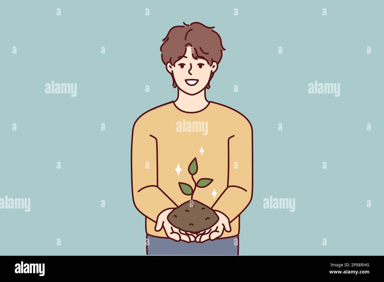 Smiling teenage boy holding earth with growing tree in hands ...