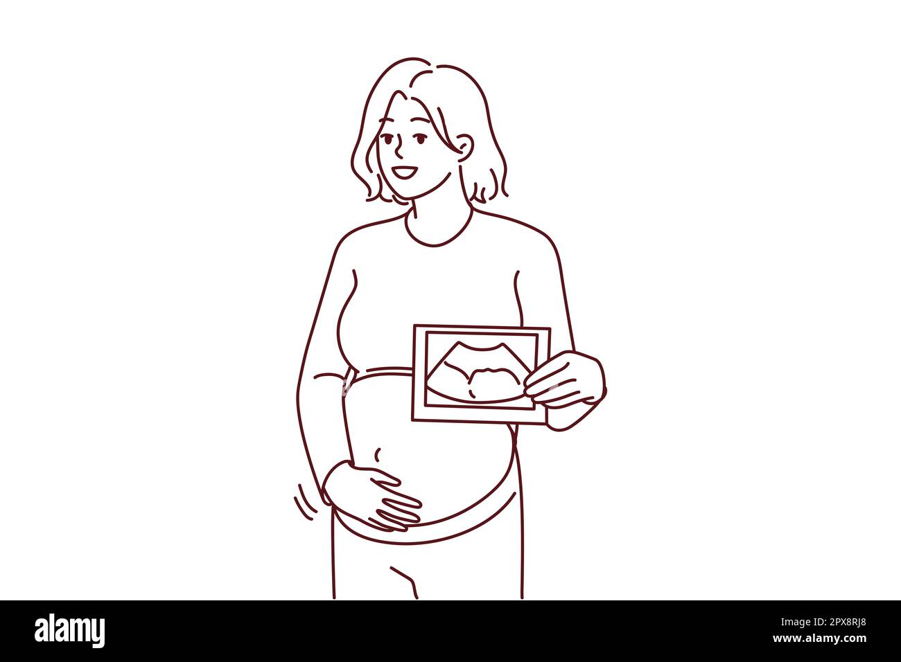 Smiling pregnant woman touch belly show scan of embryo. Happy future ...