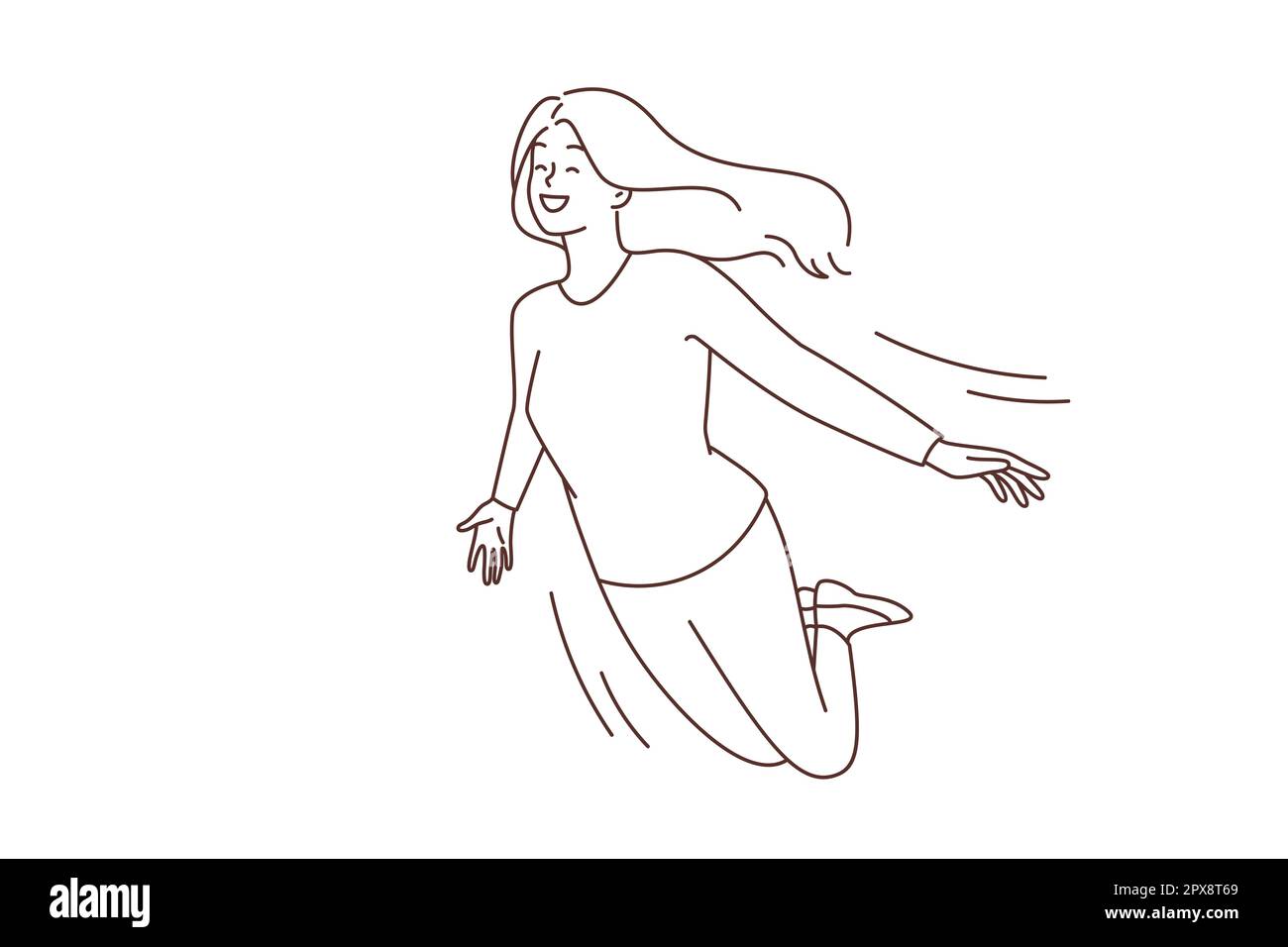 Smiling young woman flying in sky among clouds. Happy girl dreaming or ...