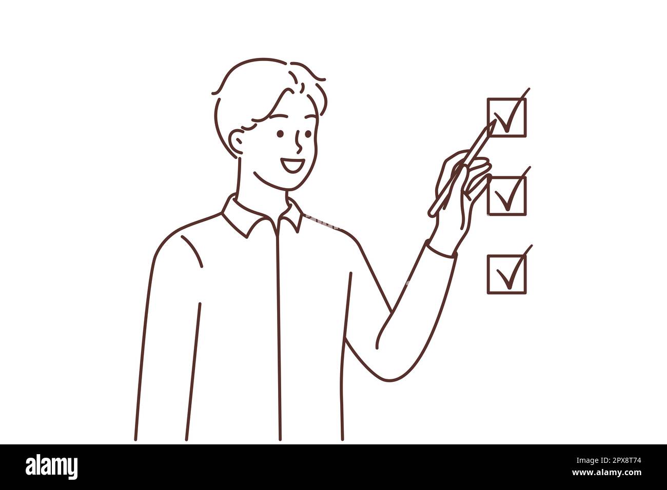 Smiling young man check boxes accomplish tasks. Happy confident male ...