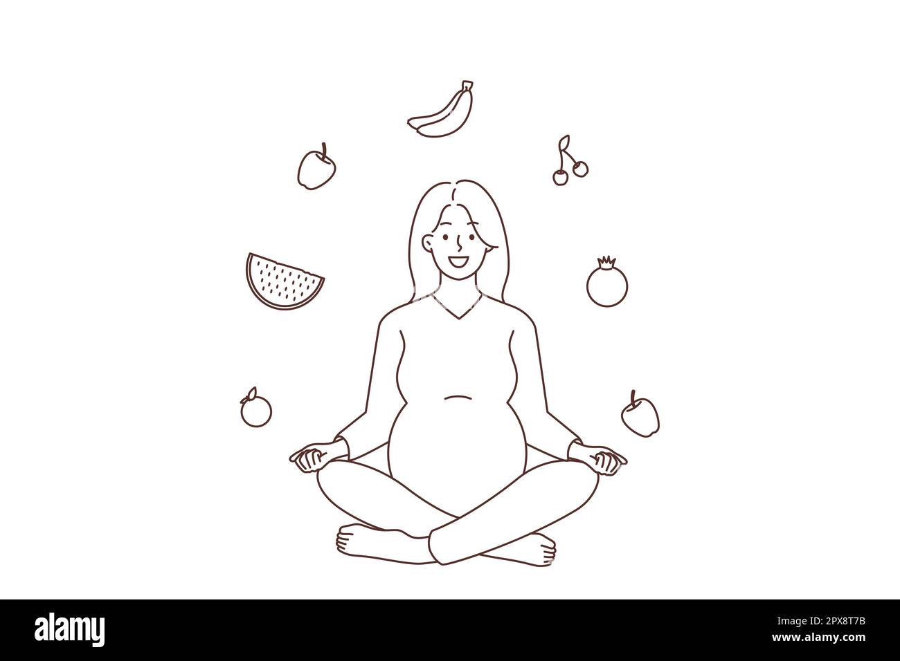Happy pregnant woman sit in lotus pose with fruits around. Smiling ...