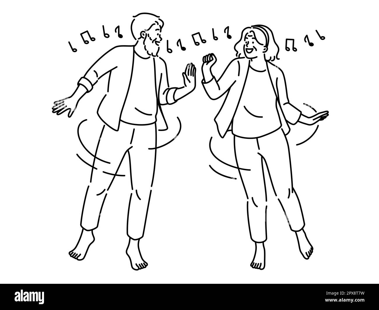 Overjoyed elderly couple have fun dancing together. Smiling mature man and woman enjoy happy ...