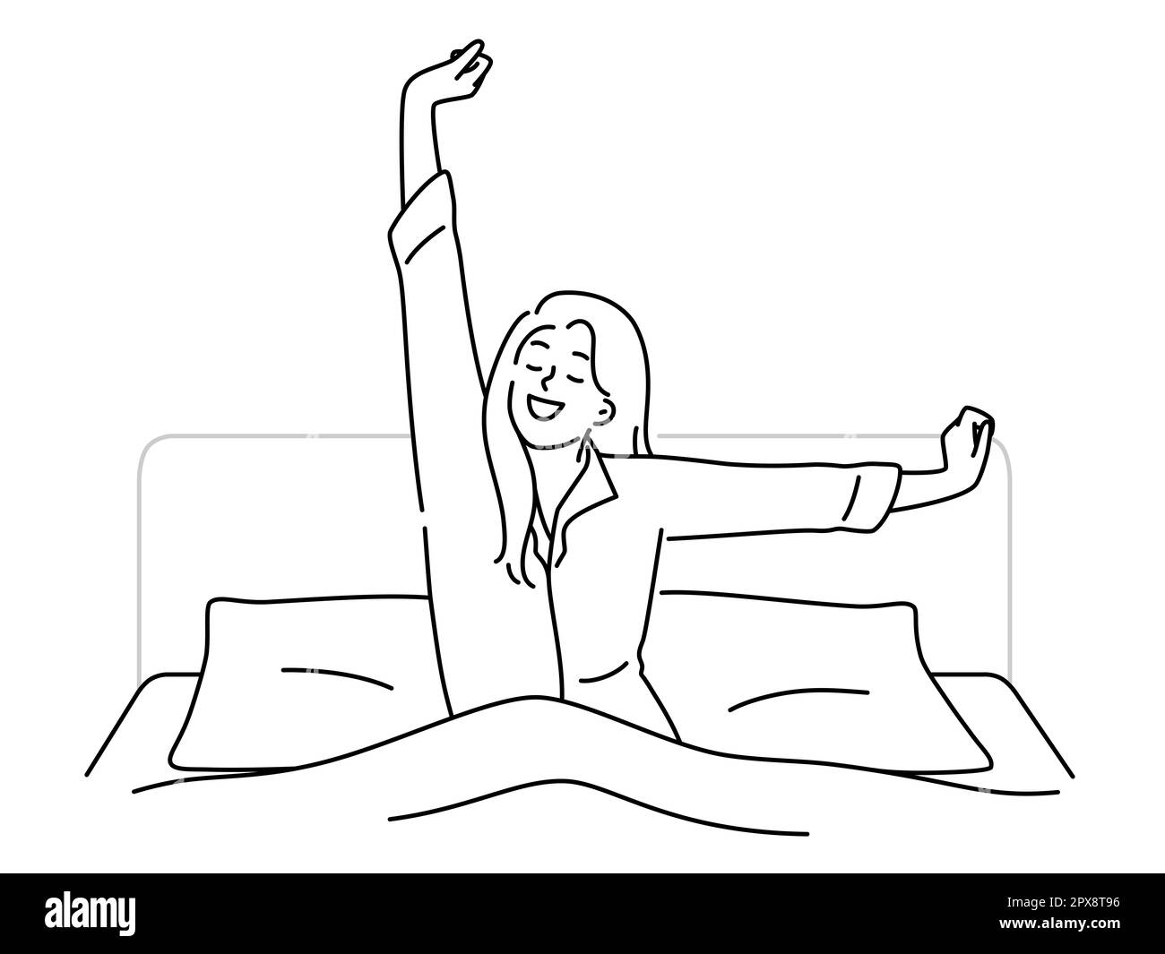 Happy Young Woman Stretch Waking Up In Bed At Home Smiling Girl Enjoy Good Morning In Bedroom