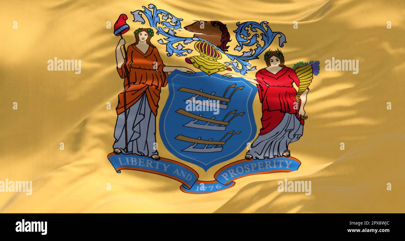 Close-up of the New Jersey state flag. Coat of arms on buff background ...
