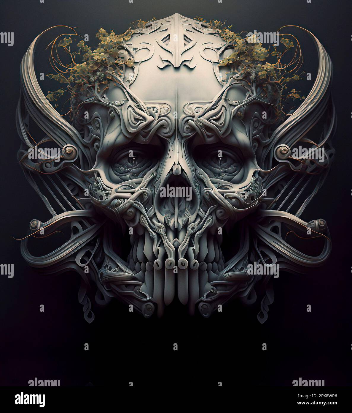 Ornate Human Skull with Intricate Carvings and Ivory Decoration Stock ...