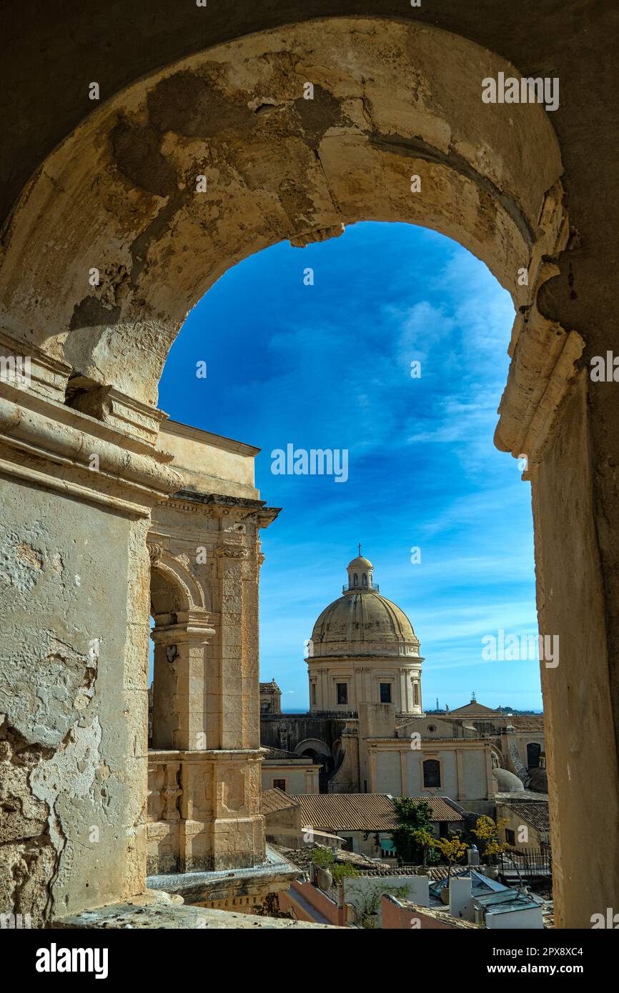 Panorama of the city of Noto, the bell towers and the dome of the ...