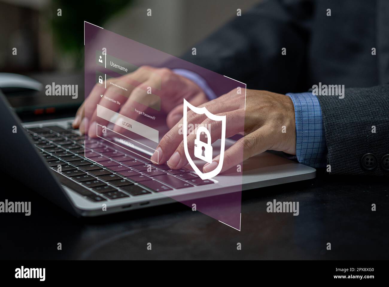 user login to computer by username and password, cyber security concept, Hands typing and ...
