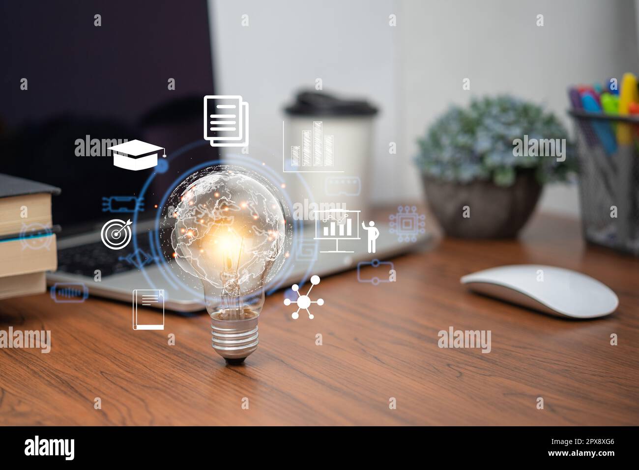 Bright lightbulb glowing with learning icons for study knowledge to ...