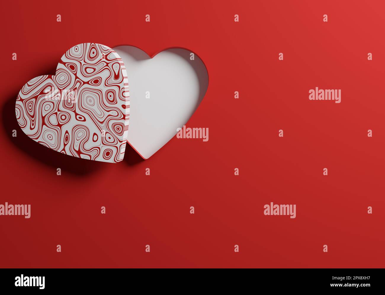 Open red heart shaped gift box or package on a red background, mock up ...