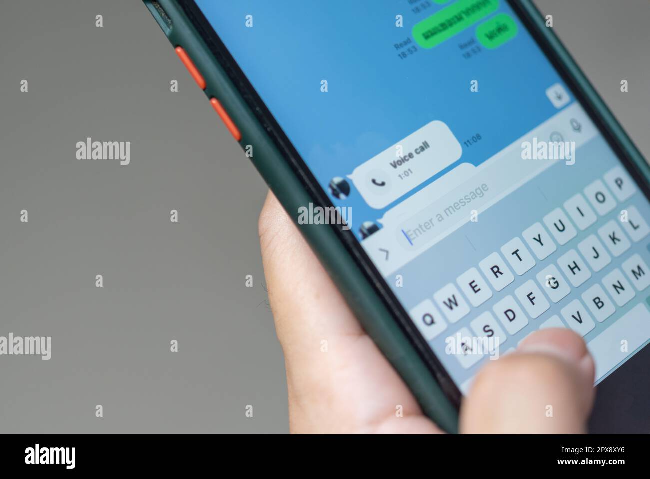 Man sending text message and sms with smartphone Communication concept. Finger typing with ...