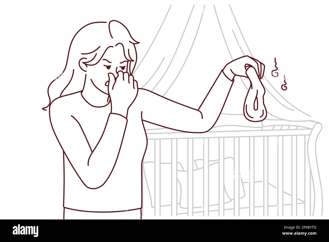 Unhappy young mother close nose feeling disgust holding stinky baby ...